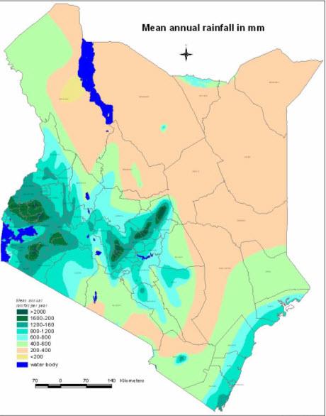A map of Kenya showing the County boundaries and mean annual rainfall ...